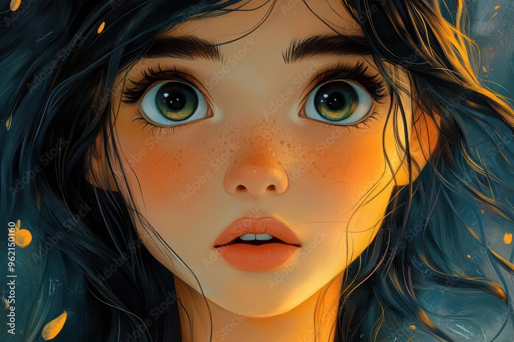 whimsical cartoon heroine spirited young girl with flowing brown hair ...