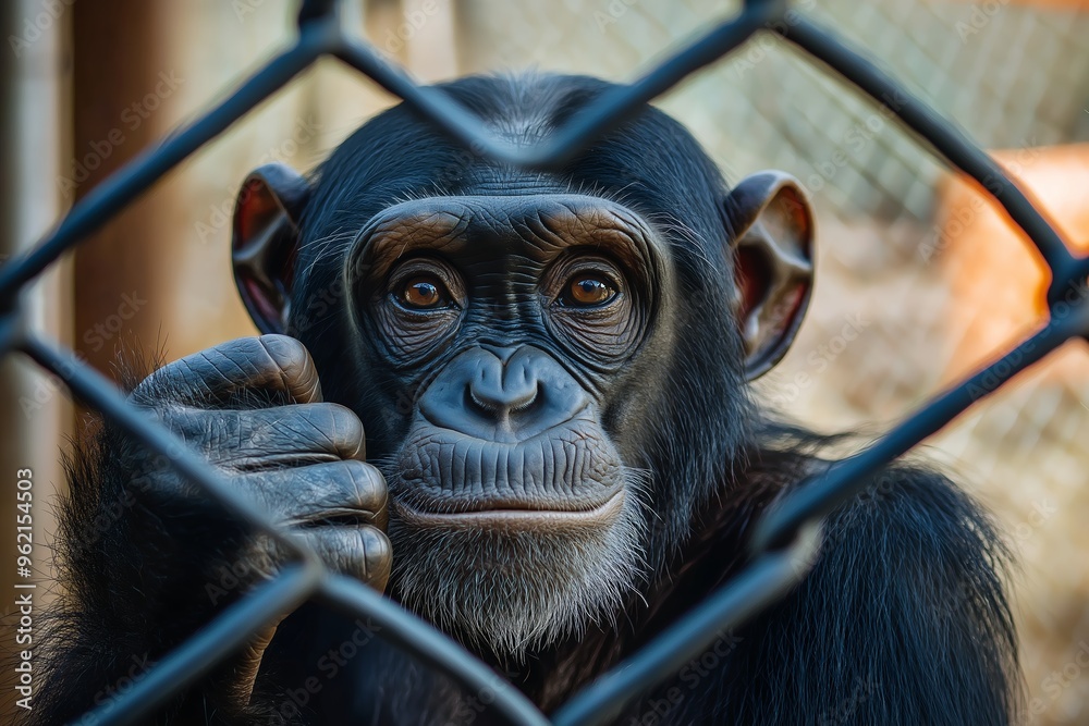 Chimpanzee sits behind a metal fence, shaped like a heart, inside a zoo ...