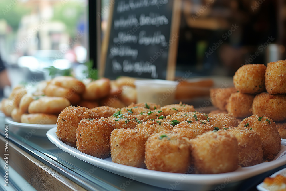 Delicious Spanish croquettes displayed enticingly in a bustling tapas ...