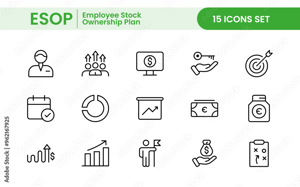 Outline icons about ESOP employee stock ownership plan. Contains such ...