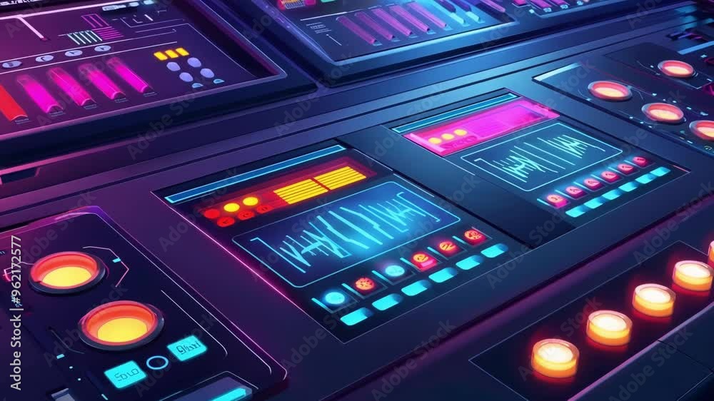 Complex control panel with neon lights and buttons is displaying data ...