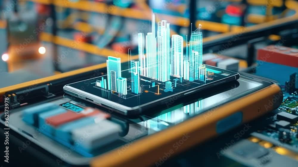 Tablet is displaying a 3d projection of a warehouse management system, visualizing real time ...