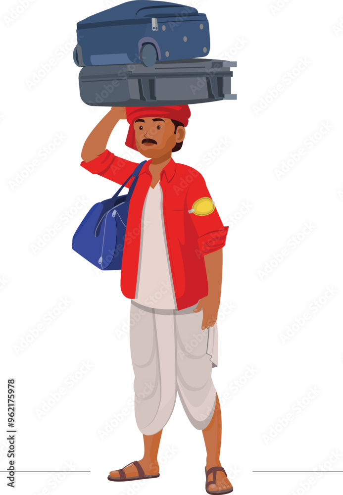 Poster Indian railway porter, railway porter in red uniform carrying ...