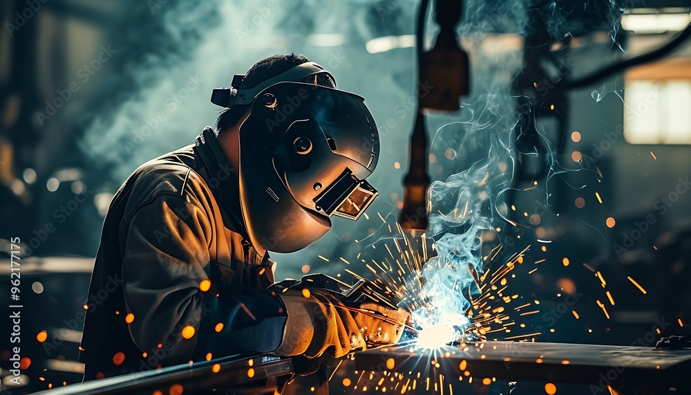 Workers were welding in the dimly lit workshop, with sparks flying and ...