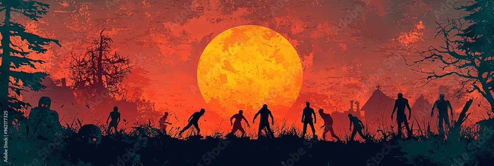 Silhouetted zombies walk in the twilight, outlined by a massive setting ...