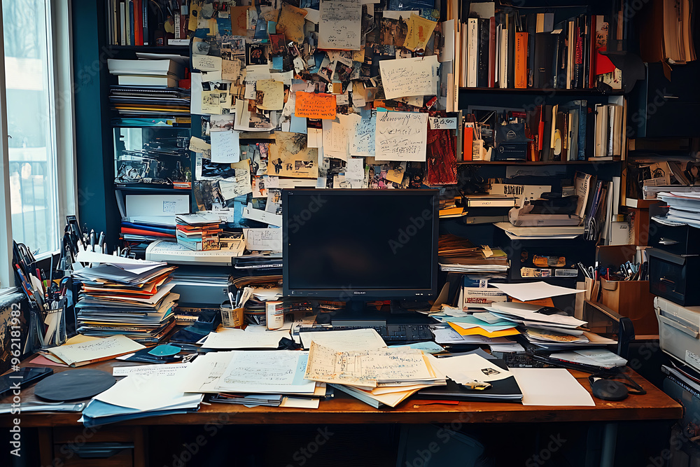 Messy desk with completed work shows a productive workspace filled with ...