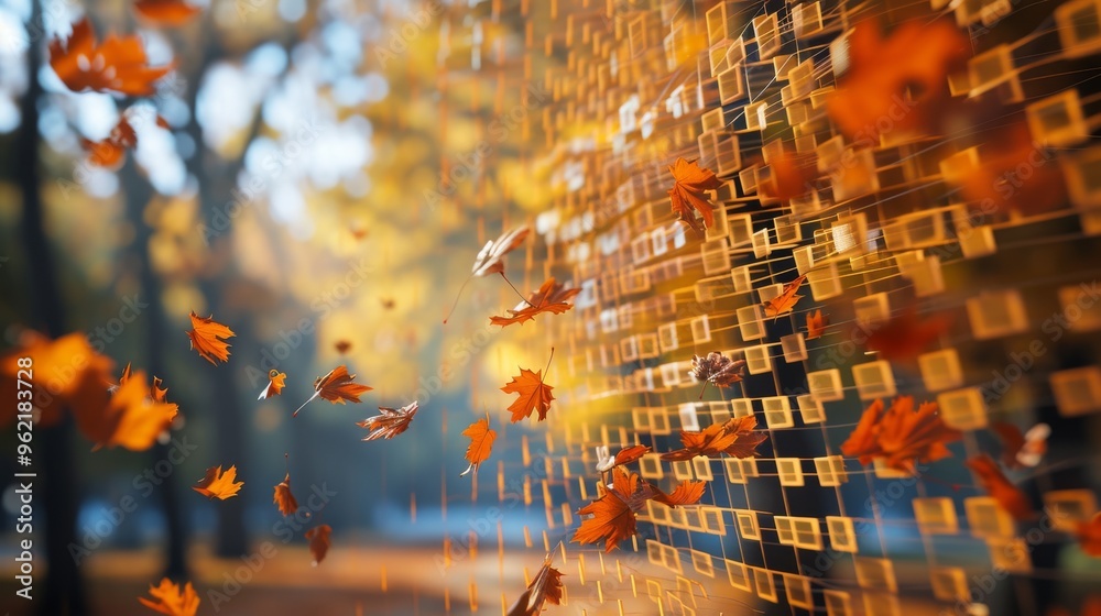 Autumn leaves cascade through a tranquil forest as a wave of digital ...
