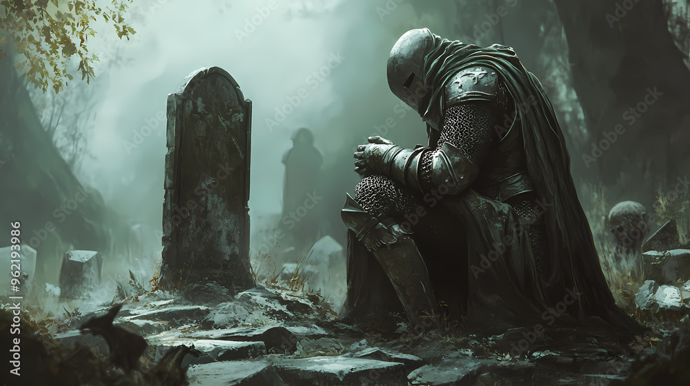 Fantasy art of graveside knight kneels, pray whispered to dead friends ...