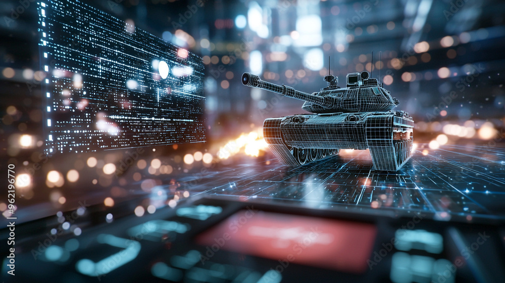 Holographic tanks advancing over a digital battlefield, with a high ...