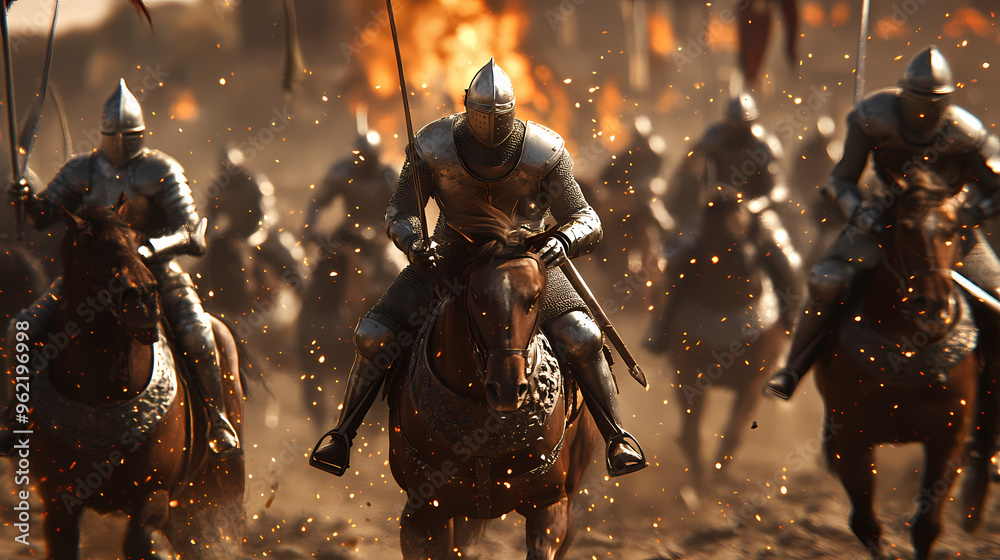 Battle of knights in armor on the battlefield, the struggle of good ...