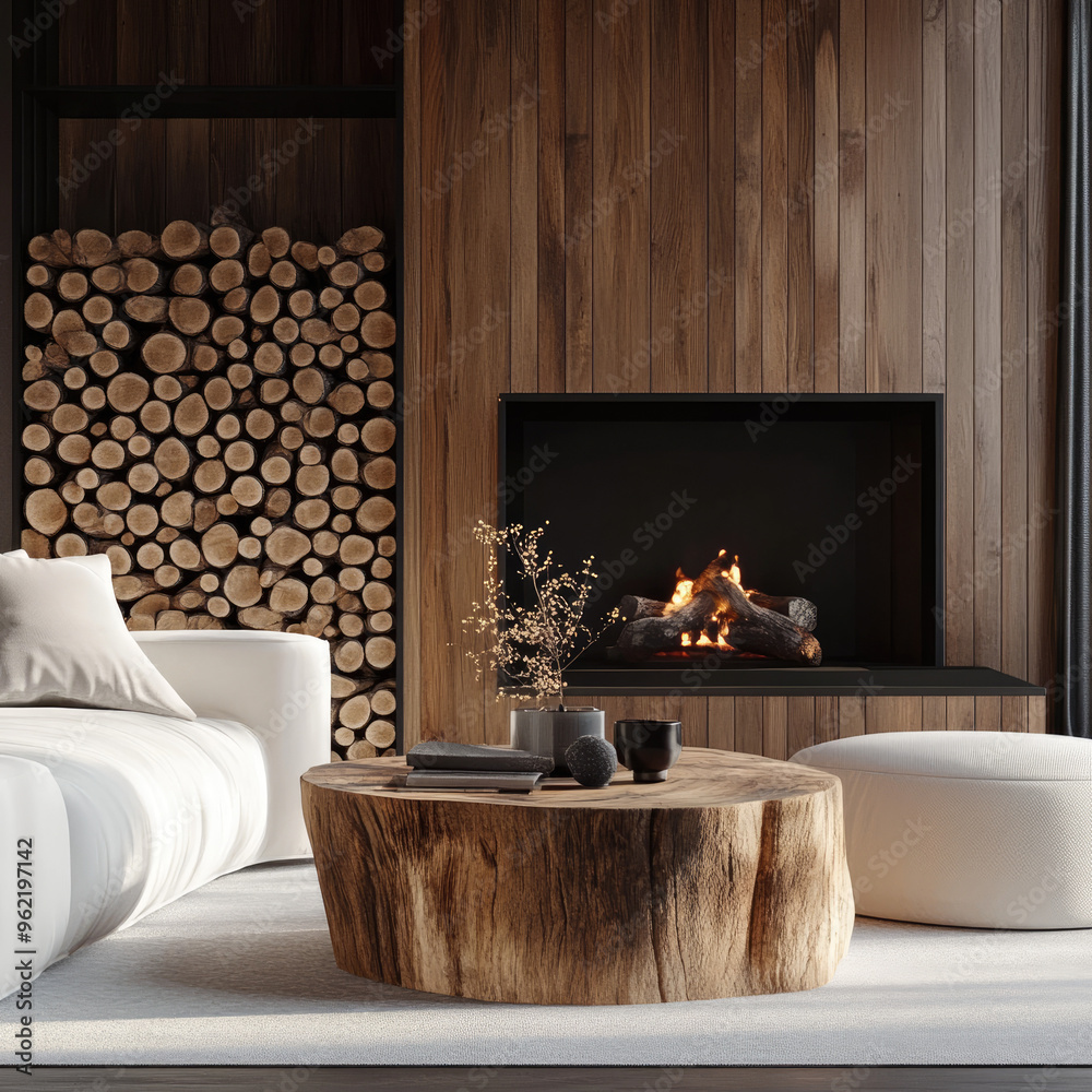 Tree stump coffee table near white sofa and pouf against wood paneling ...