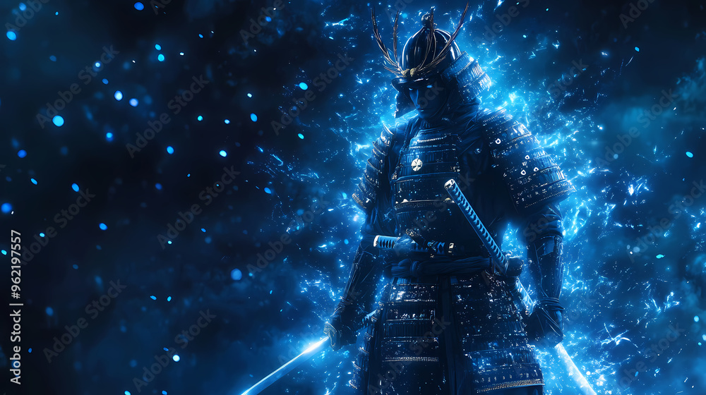 Enveloped in a cascade of ethereal blue lights, this samurai armor ...