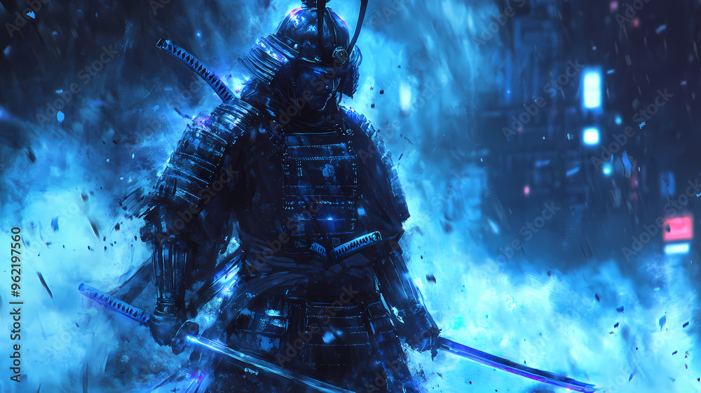 Enveloped in a cascade of ethereal blue lights, this samurai armor ...