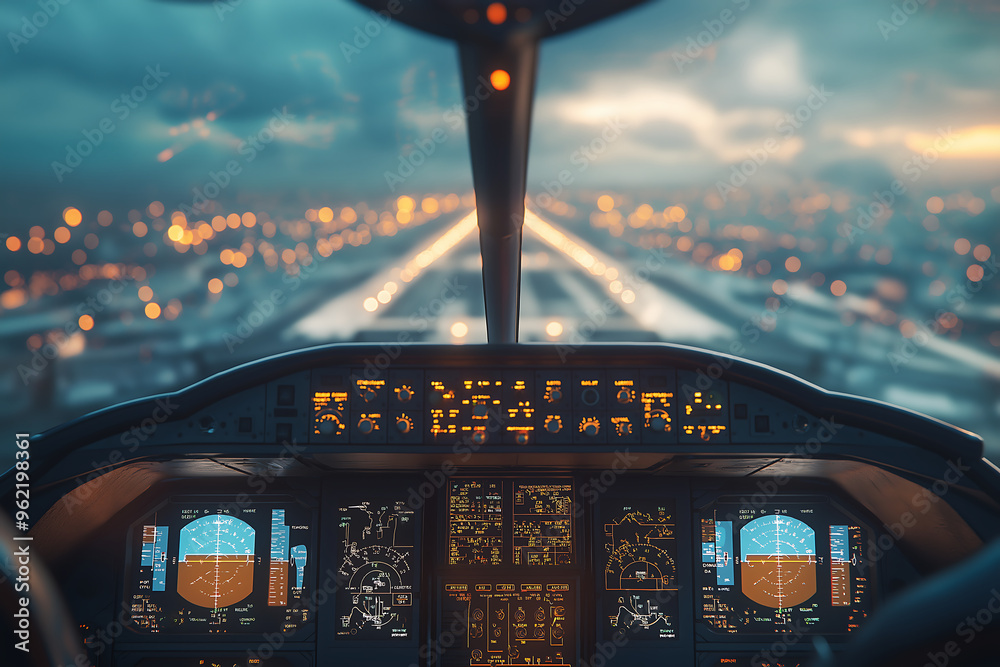 Airplane cockpit view during landing approach, pilot's perspective with ...