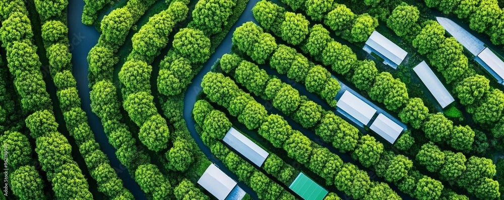 Aerial view of interconnected green business districts, sustainable ...