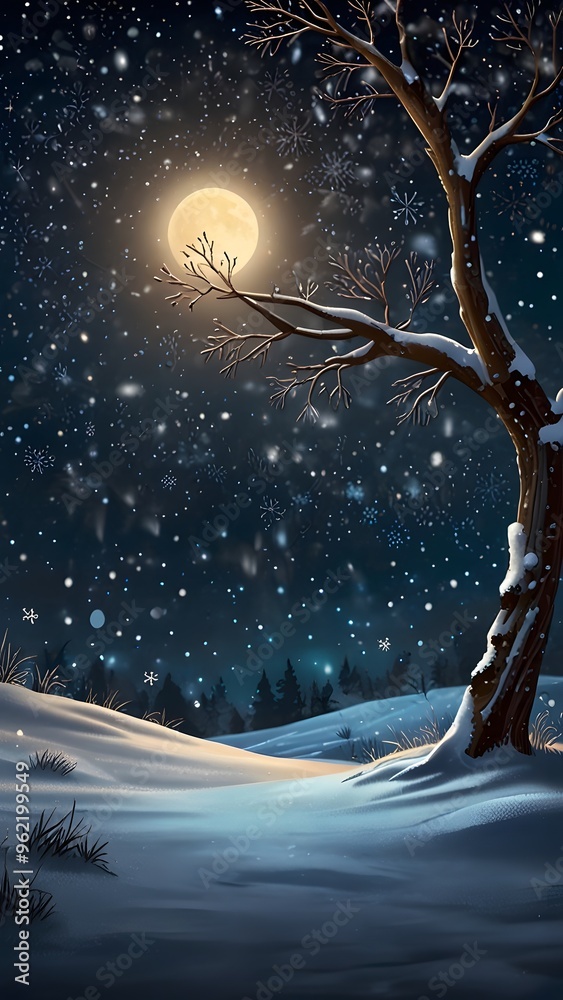 A winter night scene with snowflakes gently falling illuminated ...