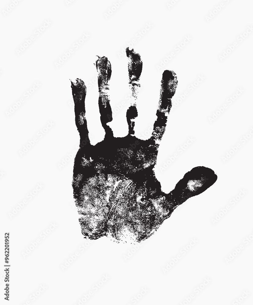 Black print of human hand, skin texture pattern. Scanning the palm and ...
