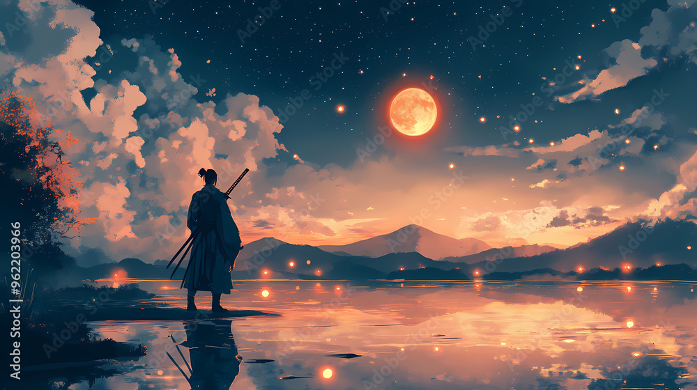 Samurai with swords and kasa stands against the background of the night ...