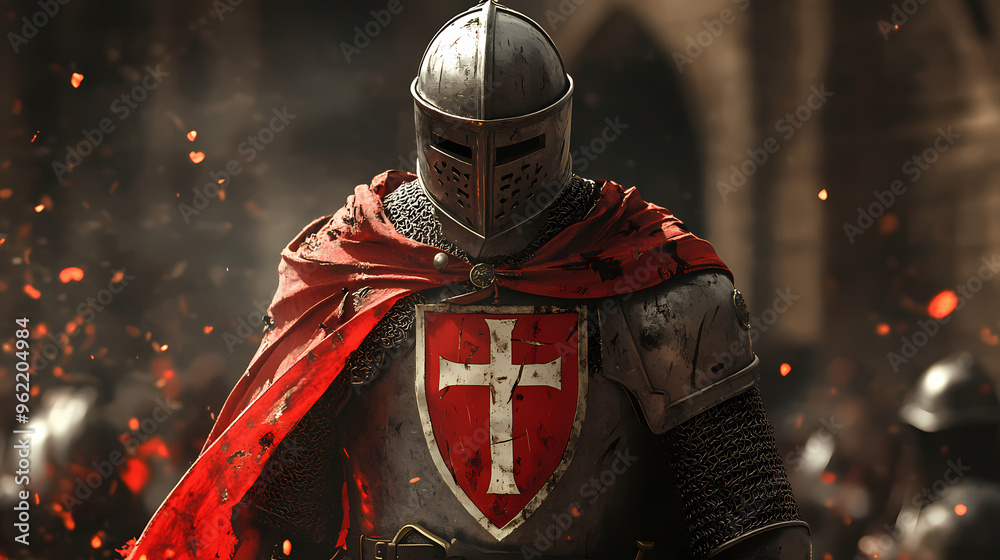 Medieval knight in full armor with the templars cross in the crusade ...