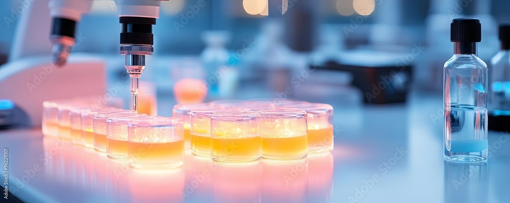 Lab equipment with glowing bio-luminescent materials, biotechnology ...