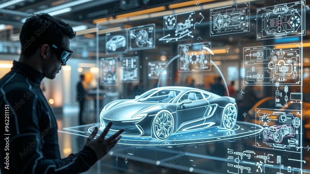 Futuristic Car Design Consultation - Holographic Visualization, A man ...