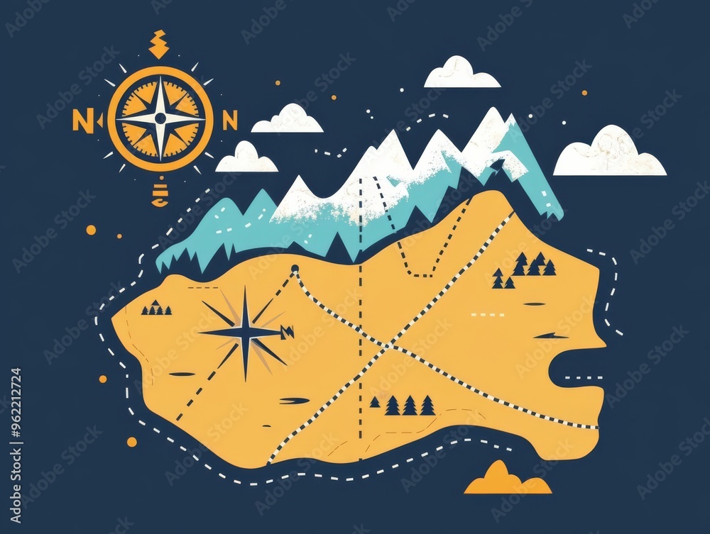 Illustrated treasure map with mountains, islands, and a compass, ideal ...