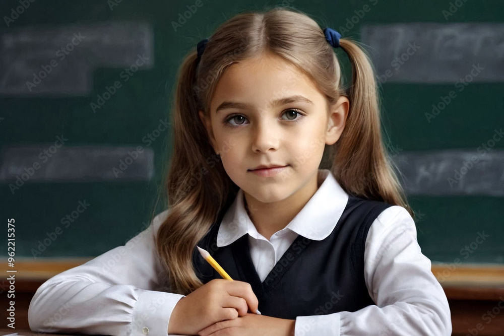 Portrait of first grader girl in school uniform at blackboard in ...