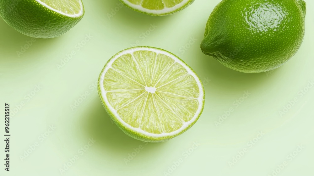 A close-up of three limes on a green background. One lime is cut in ...