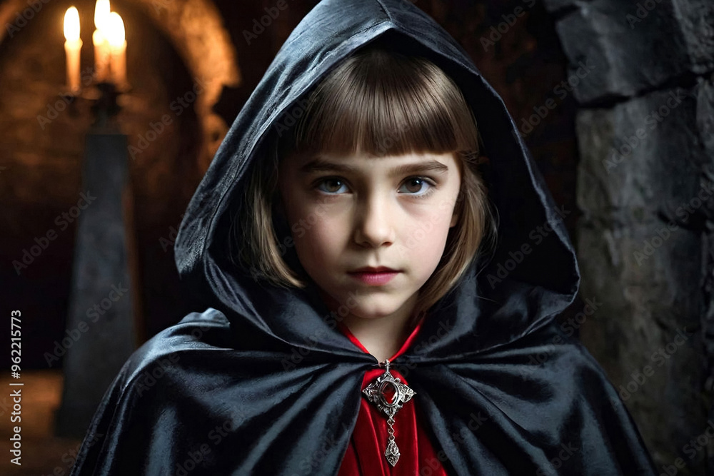 Frowning vampire in cloak posing near chest in underground castle dark ...