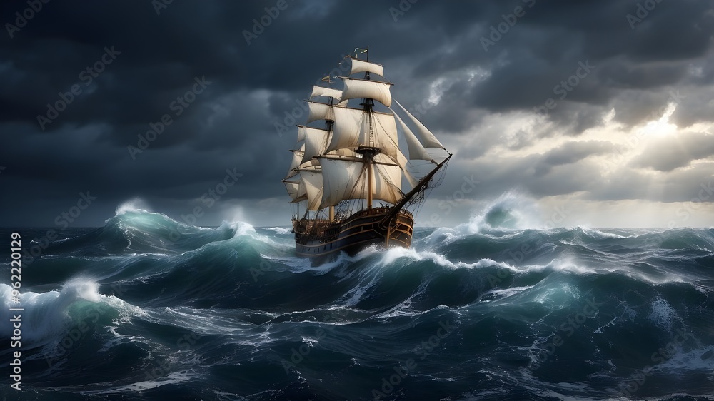 Sailboat atop tall waves, Pirate ship in a stormy sea, and ship on the ...