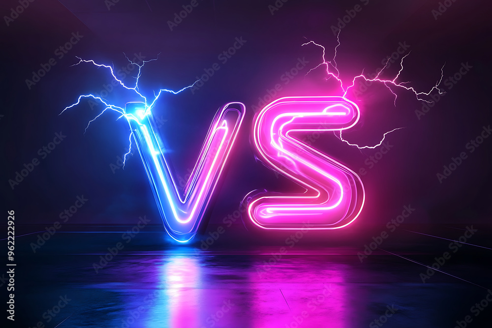 Neon Versus label template. Vector illustration with bright neon frames ...