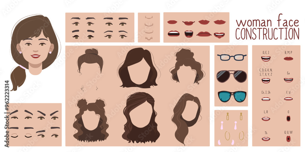 Female face constructor, avatar of woman character creation hairstyle ...