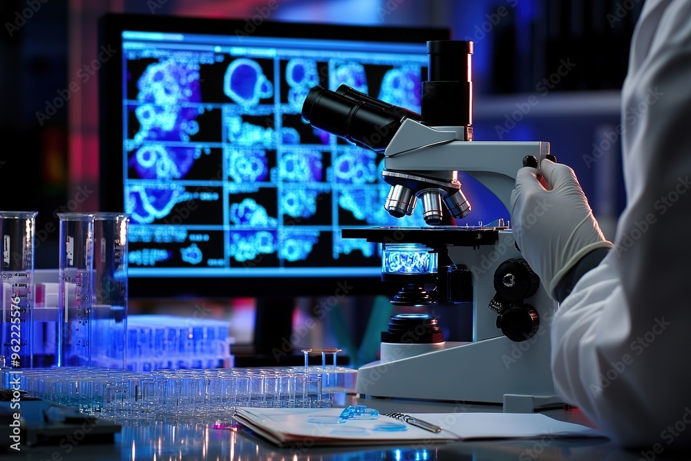Biologic coordinator analyzing microscope slides with copyspace, lab ...