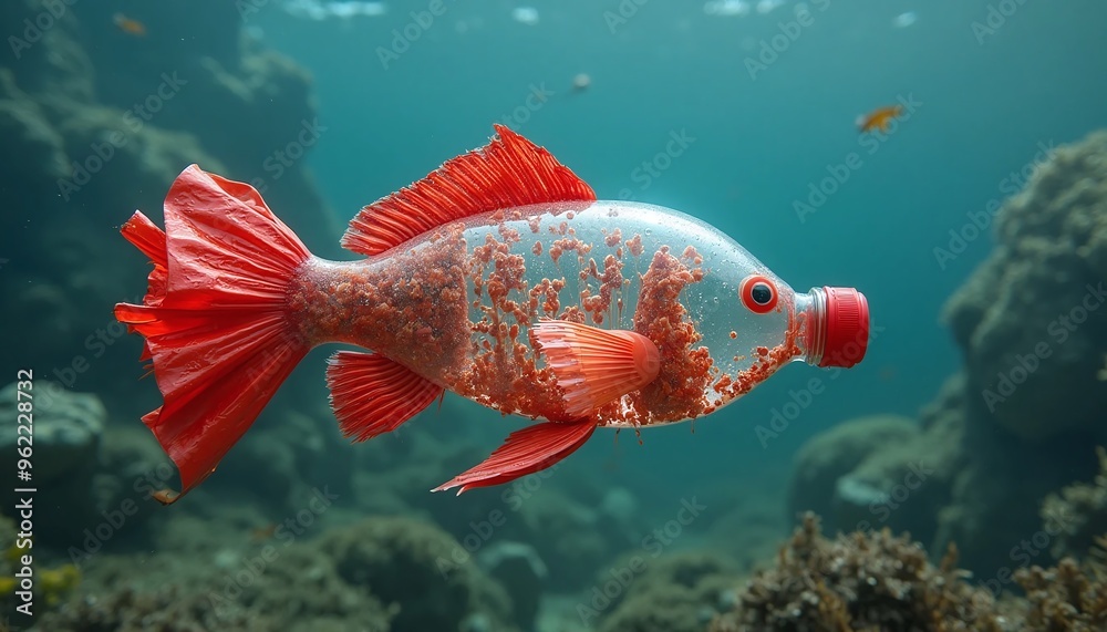 the plastic bottle in the shape of a fish is meant to point out the ...