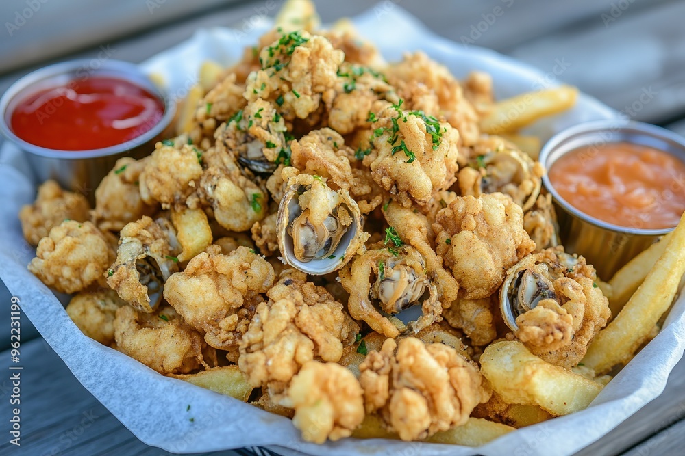 Deep fried clam basket with crispy fries with copyspace, dipping sauces ...