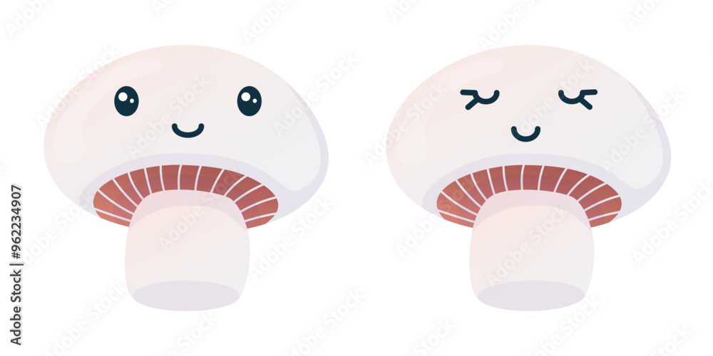 Set of cartoon kawaii champignons. Mushrooms characters with cute faces ...