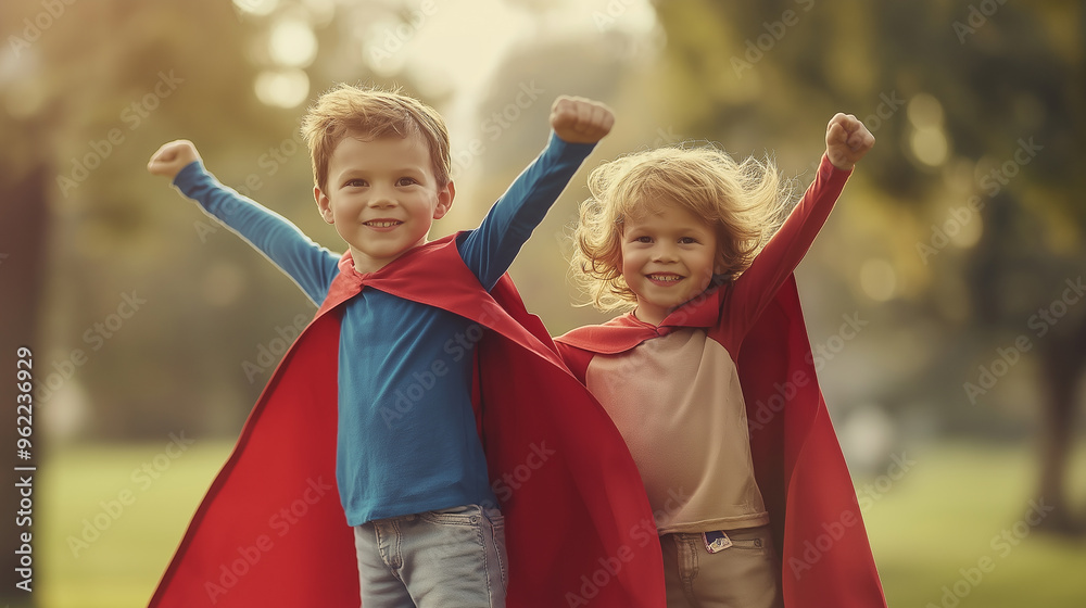 happy kids in red superhero capes posing outdoors, childhood ...