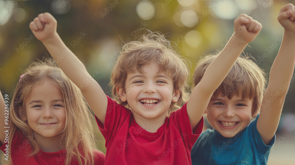 happy kids in red superhero capes posing outdoors, childhood ...