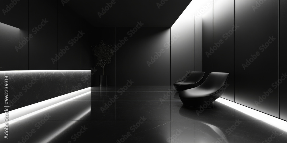 A minimalist 3D black interior with a high-gloss floor and matte black ...