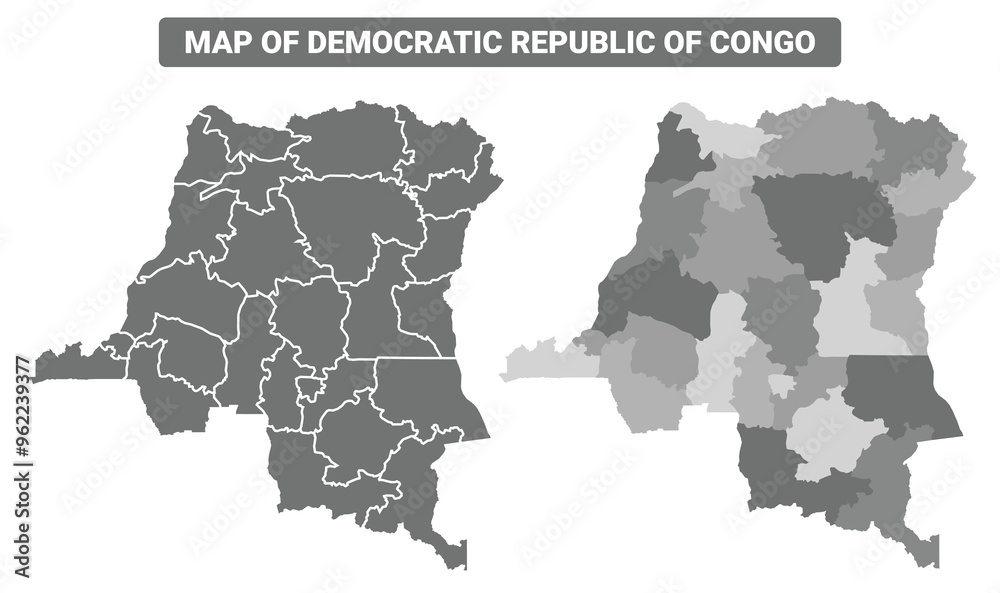 Greyscale Democratic Republic of the Congo political map with borders ...