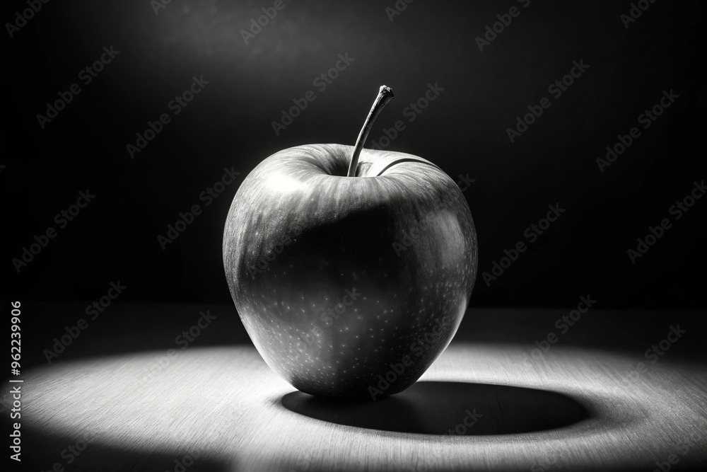 High-contrast black and white close-up of an apple, accentuating its ...