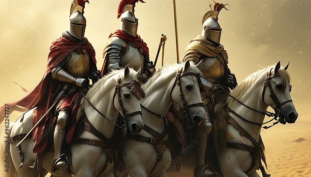 The three knights rode on a magnificent horse, wearing ancient armor ...