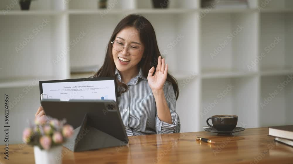 Virtual Collaboration, Authentic Connections: A young Asian businesswoman brightens up during a ...