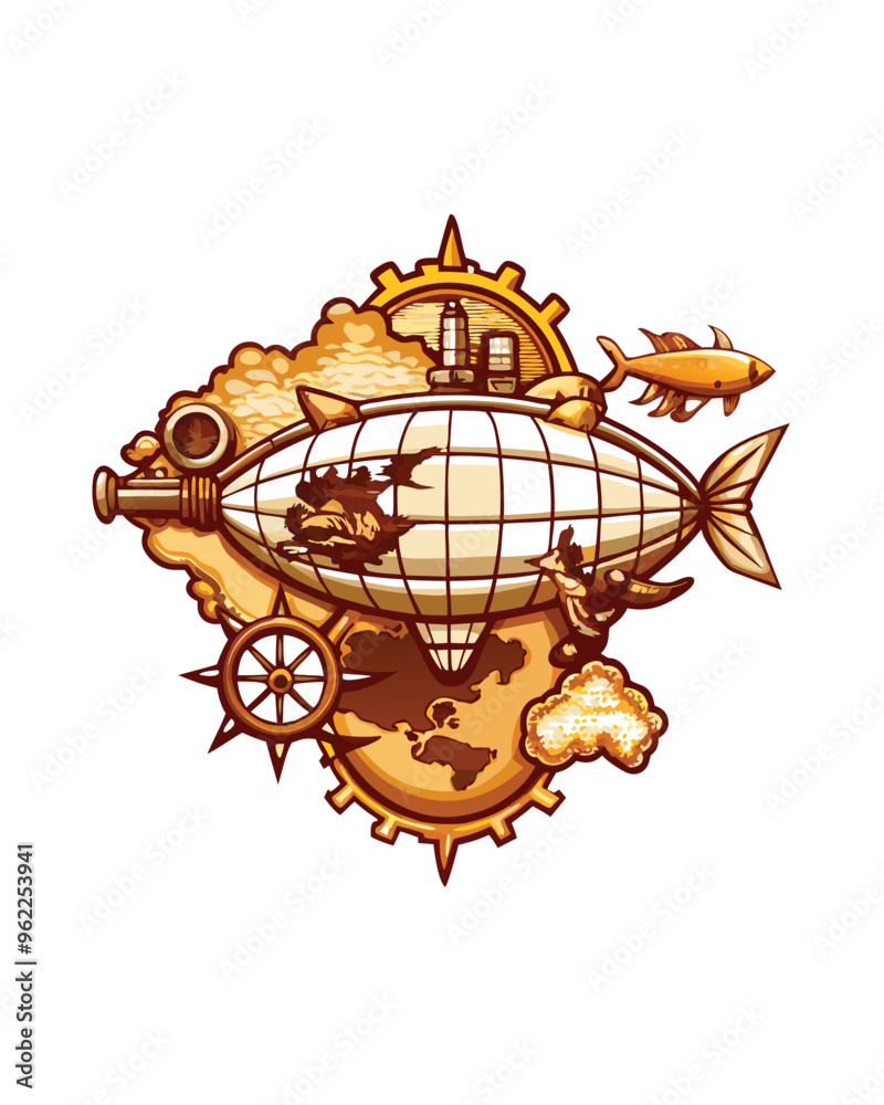 A steampunk nautical map with a dirigible, clouds, fish, compass, and ...