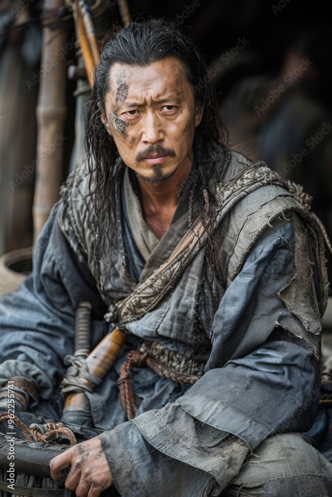 Rugged, battle-hardened warrior with stern expression sits in ...