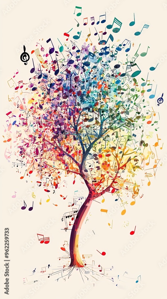 A tree with sprawling branches that extend into an array of colorful ...