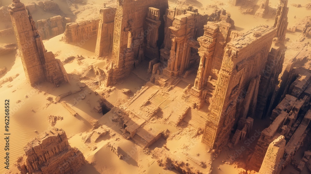 Aerial view of ancient ruins in the desert. The structures are ...