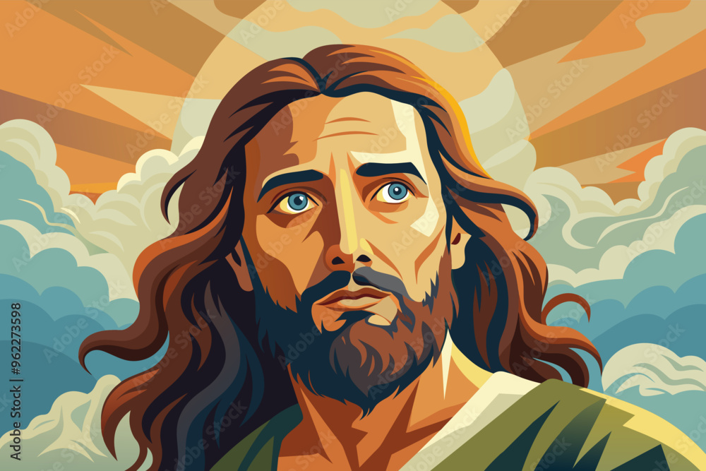 Jesus Christ portrait illustration with halo and clouds. Religious art ...