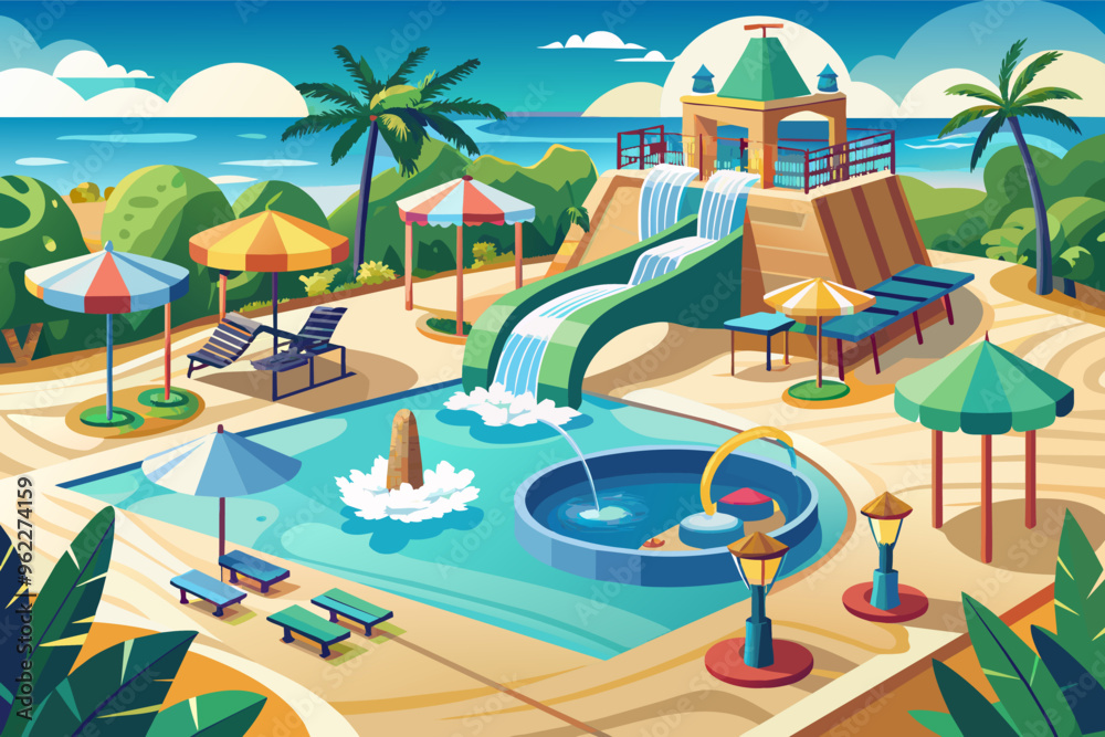 Cartoon Illustration of a Beach Park with Water Fountain, Palm Trees ...