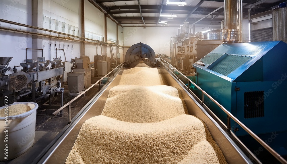 the industrial process of milling dried rice, where husks are removed ...